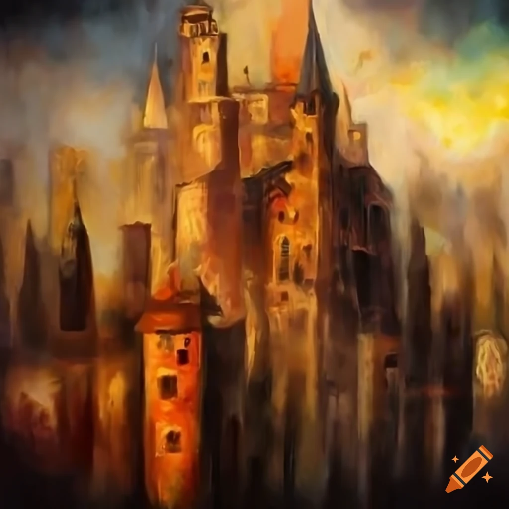 Abstract painting of medieval tower city on Craiyon