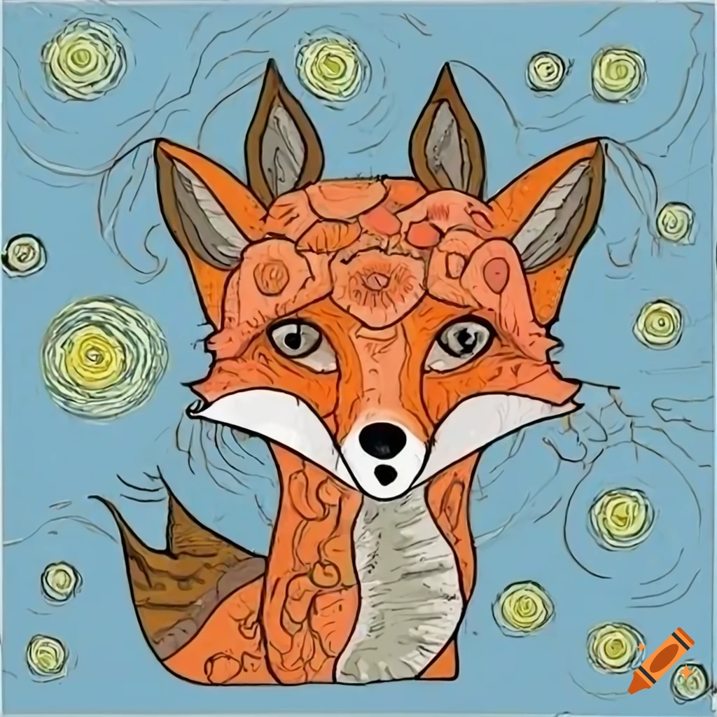 A fox in a whimsical van gogh style with a white background