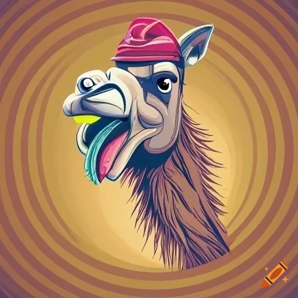 A chill camel in a retro advertising for hats on Craiyon