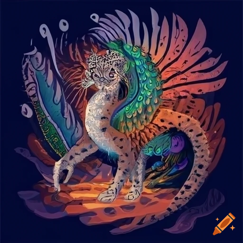 Mythical creature with peacock and snow leopard features, epic fantasy ...