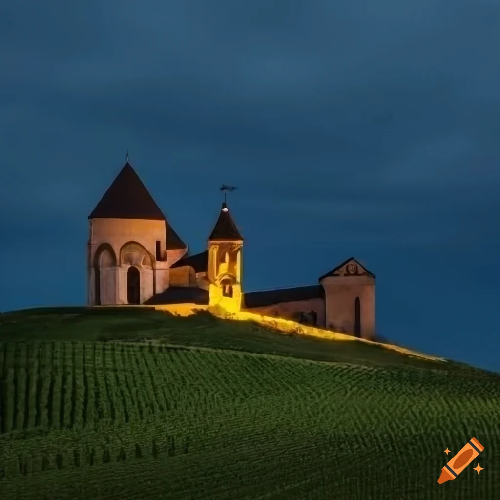 Multiple building medieval monastery; abbey; gatehouse; belfry; night ...