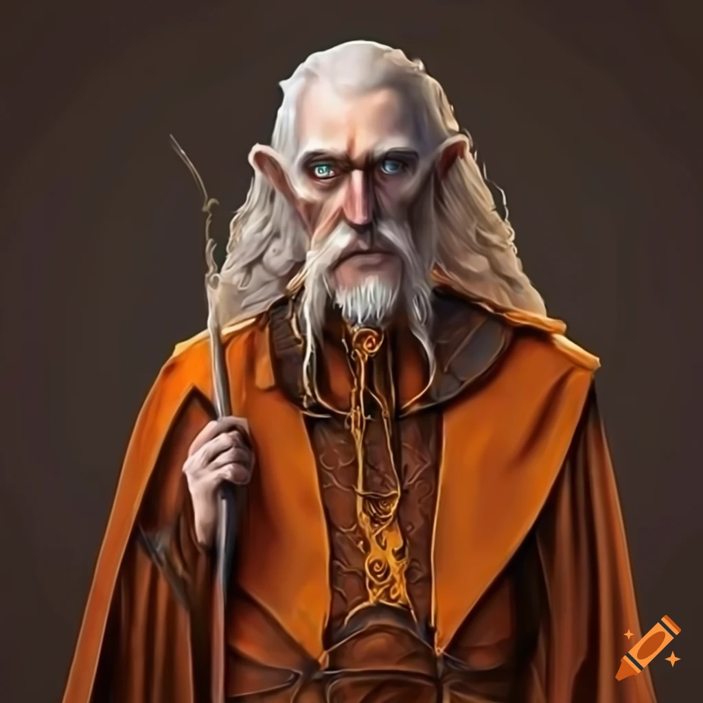 Beautiful fantasy old wizard in dark-orange outfit on Craiyon