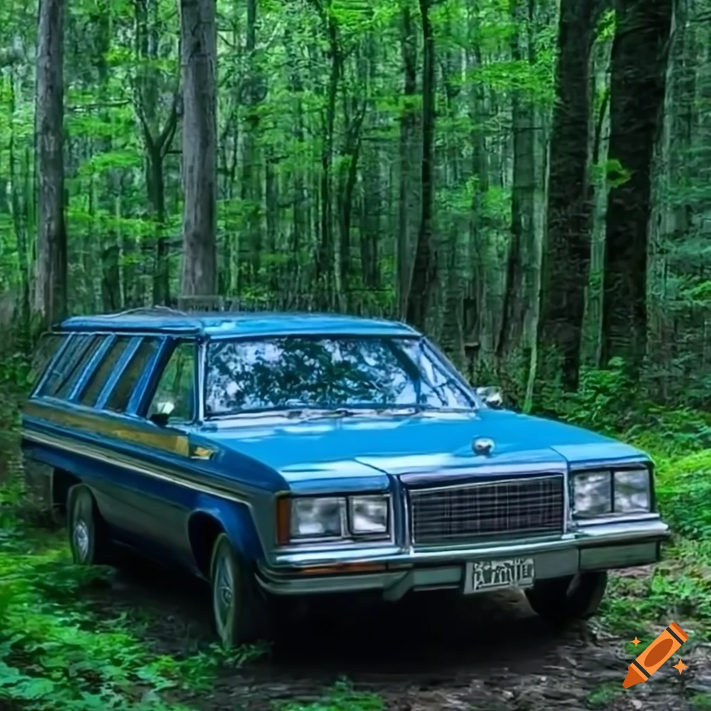 Forest with blue 80s station wagon sitting a small clearing, peaceful ...