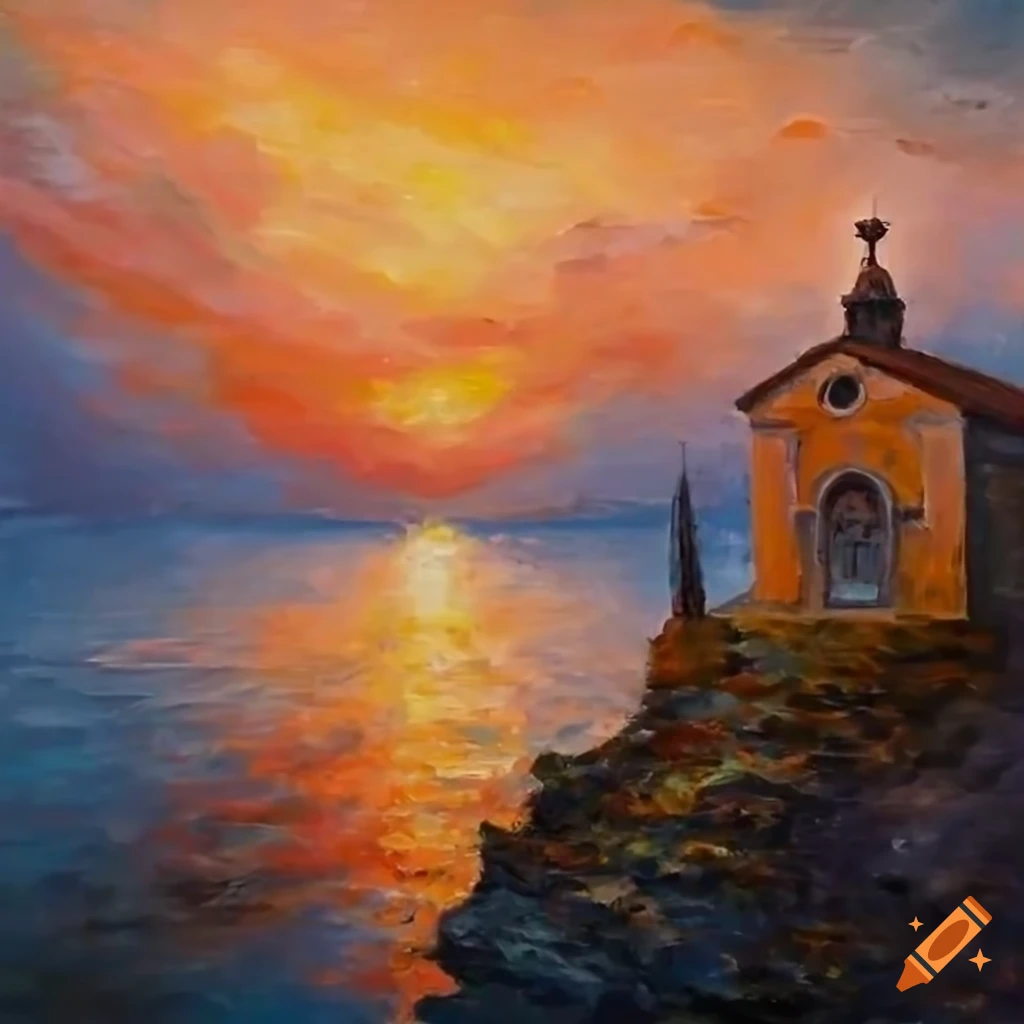 Alassio italy chapel on the top hill, sea, oil painting on canvas in ...