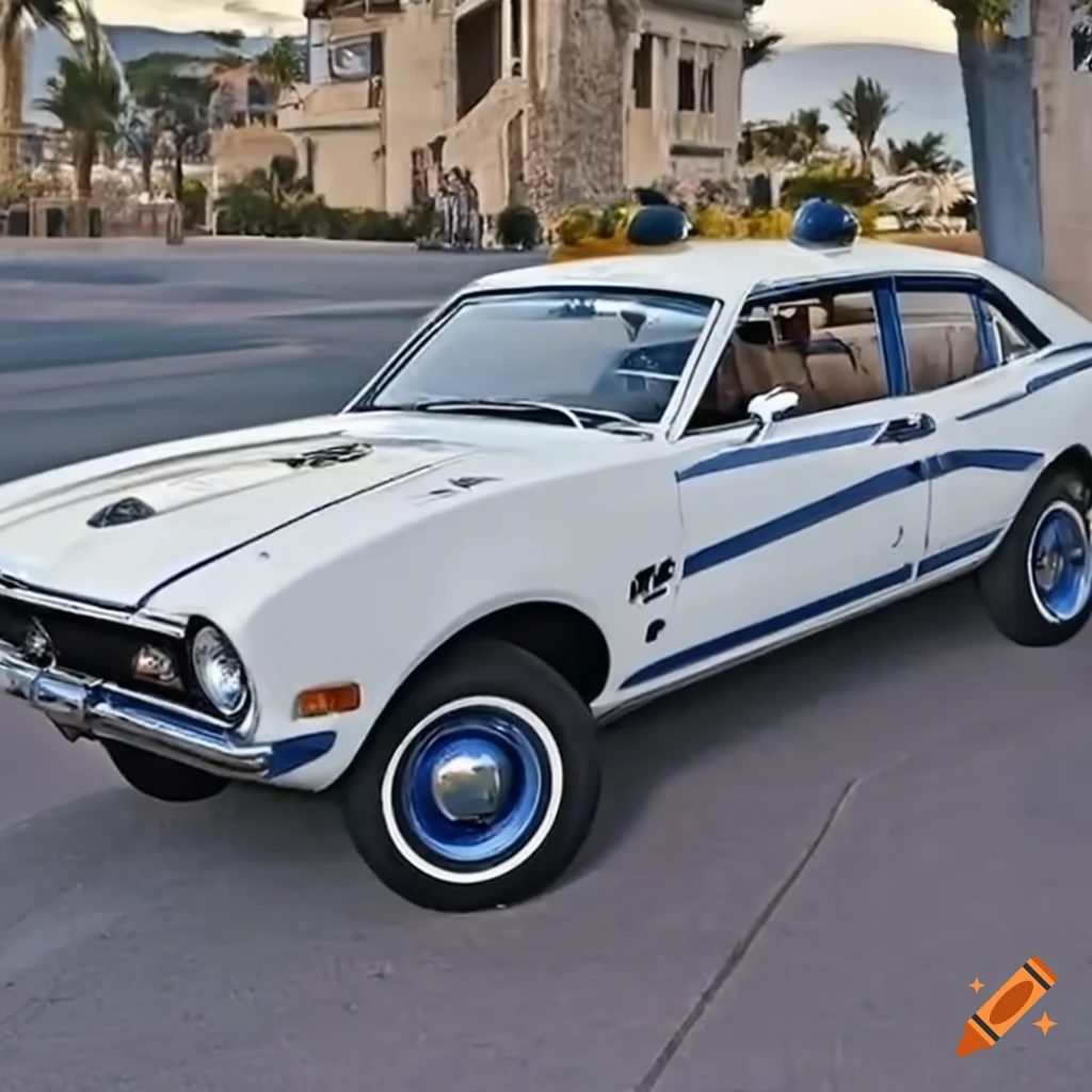 A "ford maverick" like acapulco taxi, white color with navy blue sides ...