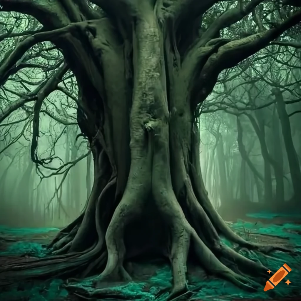 Sanctuary in the root of a big ancient tree in a dark forest on Craiyon