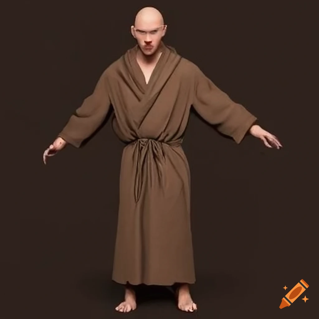Bald, barefoot ,brown robe and rope