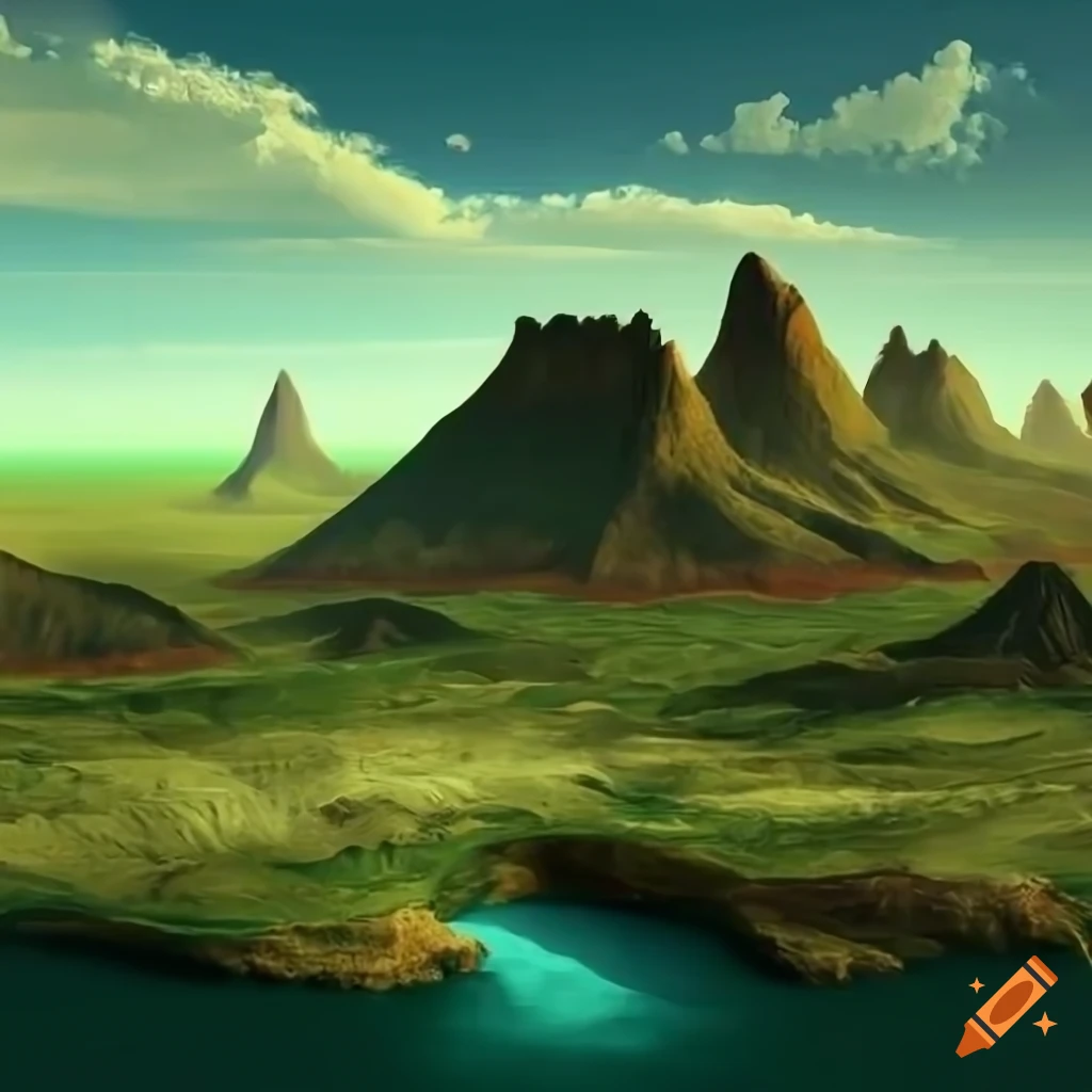 Digital terrain art depicting neogene period landscape
