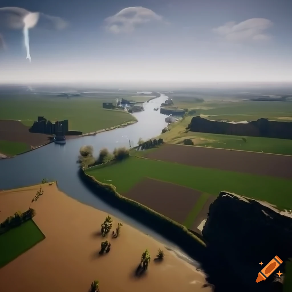 Unreal engine 5 aerial view of sci-fi german landscape with fields and ...