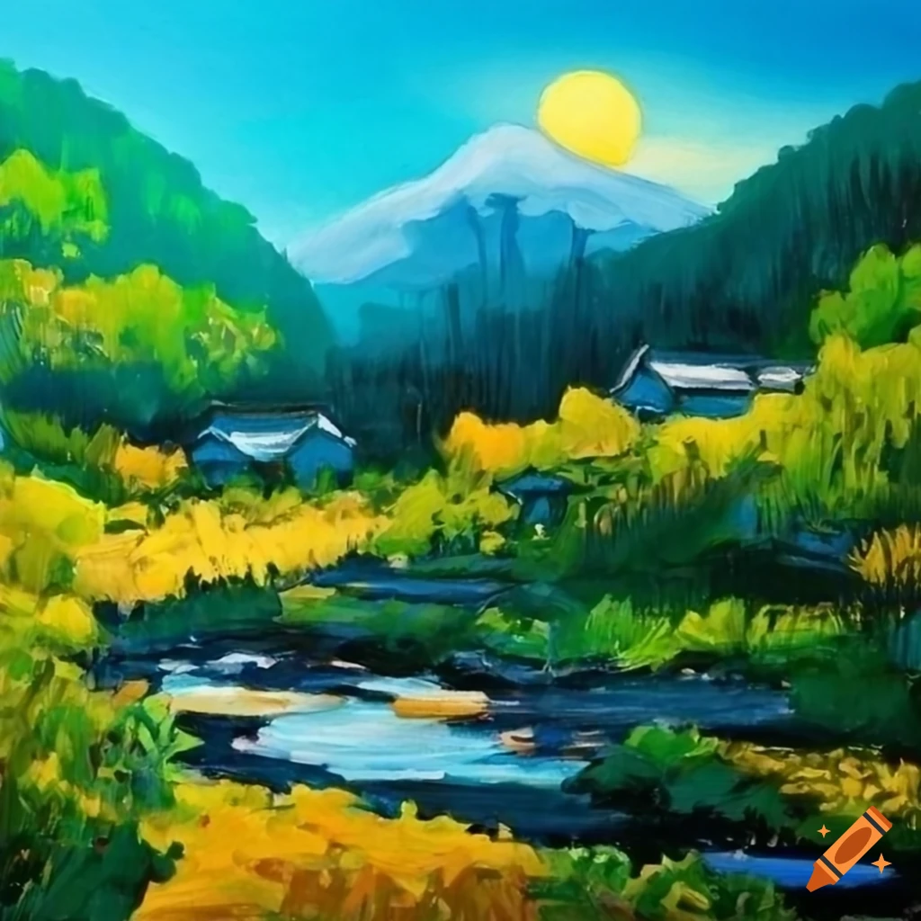 Japanese rural countryside, acrylic painting