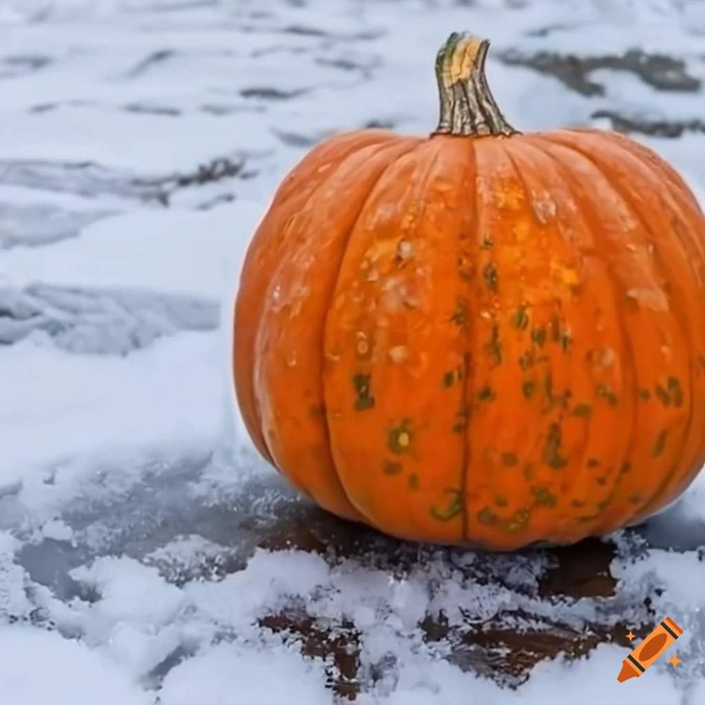 Pumpkin surrounded by snow and ice on Craiyon