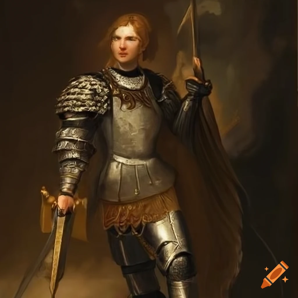 Artwork of a knight with long hair receiving a sword from an angel on ...