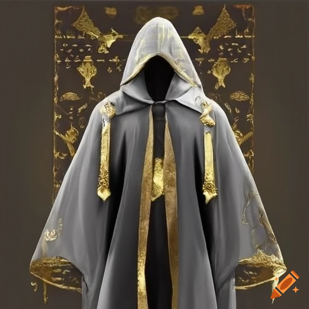 Man in grey layered cloak with golden gilded sigils