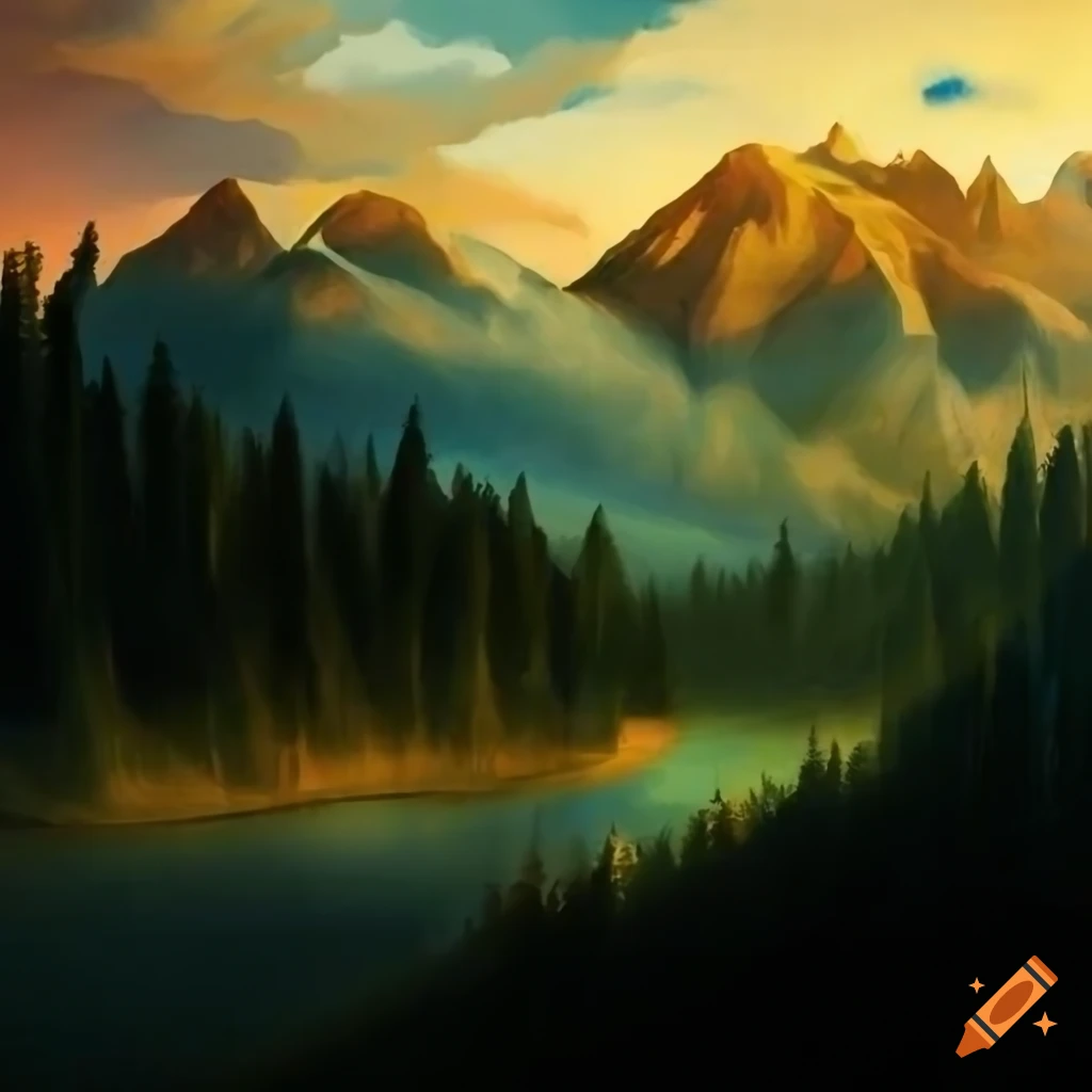 Neogene landscape artwork with mountains, forests and rivers