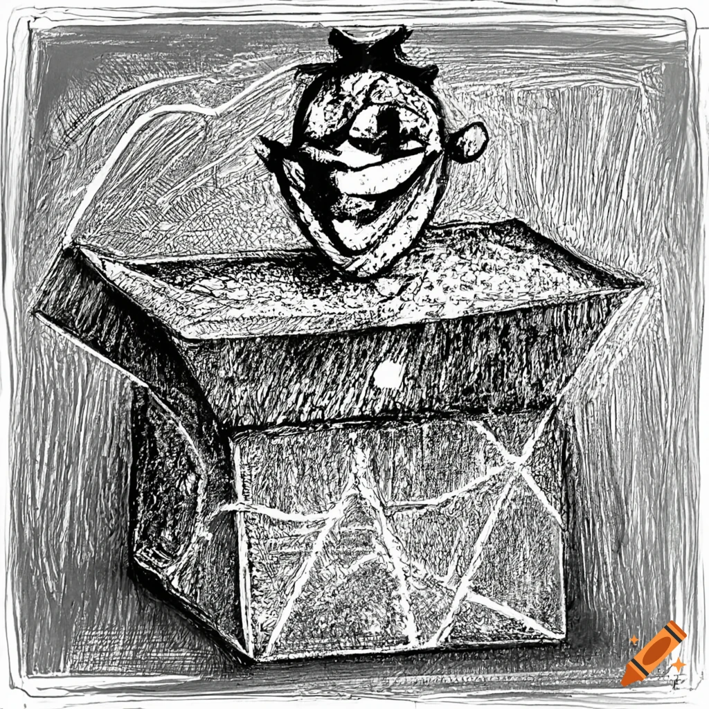 Jack in the box popping out, chalk drawing in style of art brut, highly ...