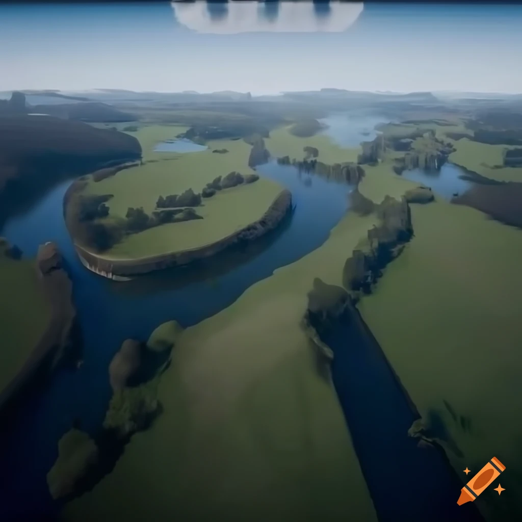 Unreal engine 5 aerial view of sci-fi german landscape with fields and river on Craiyon