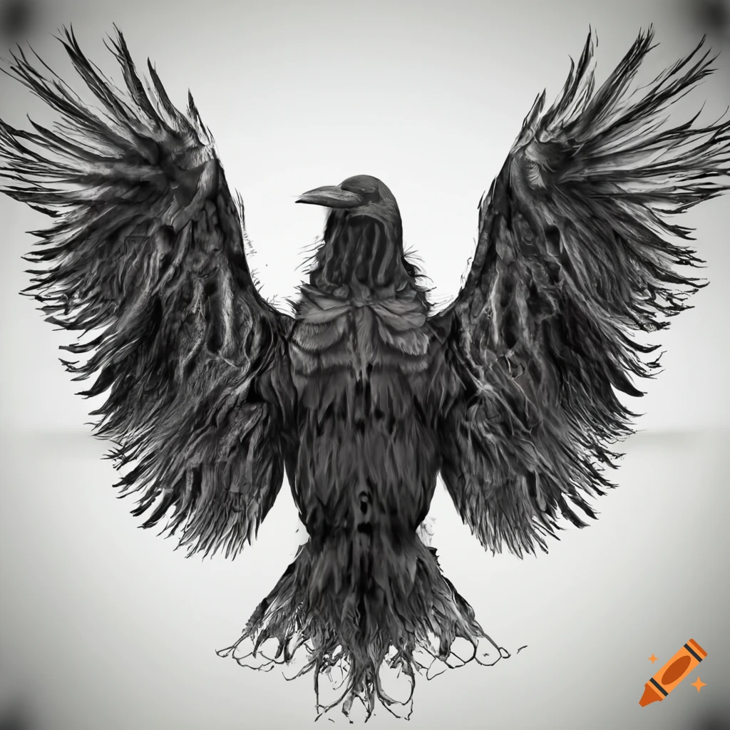 A raven with its wings spread and made of tree roots on a white backround