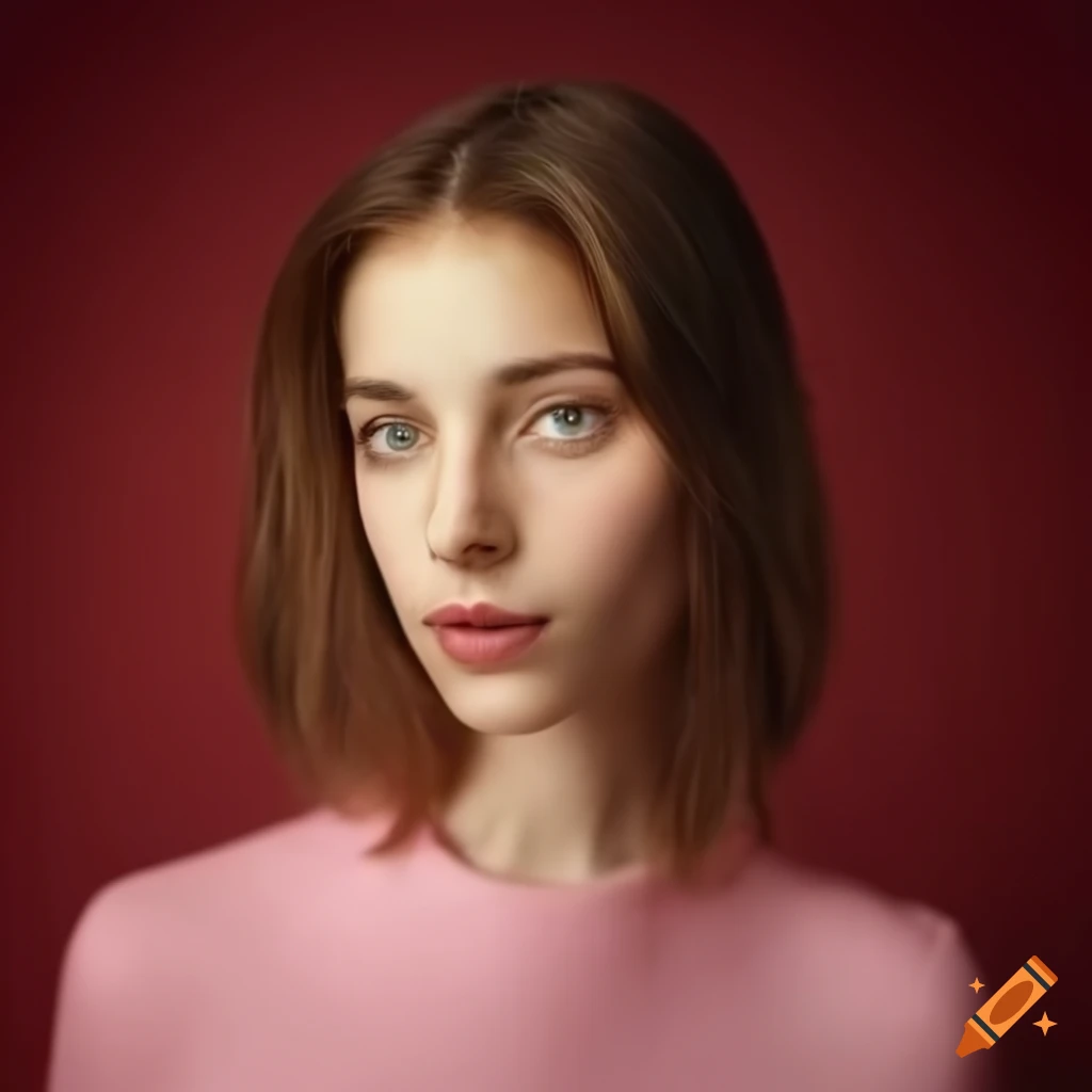 Photorealistic portrait of a young woman, smile, shorter brown hair ...