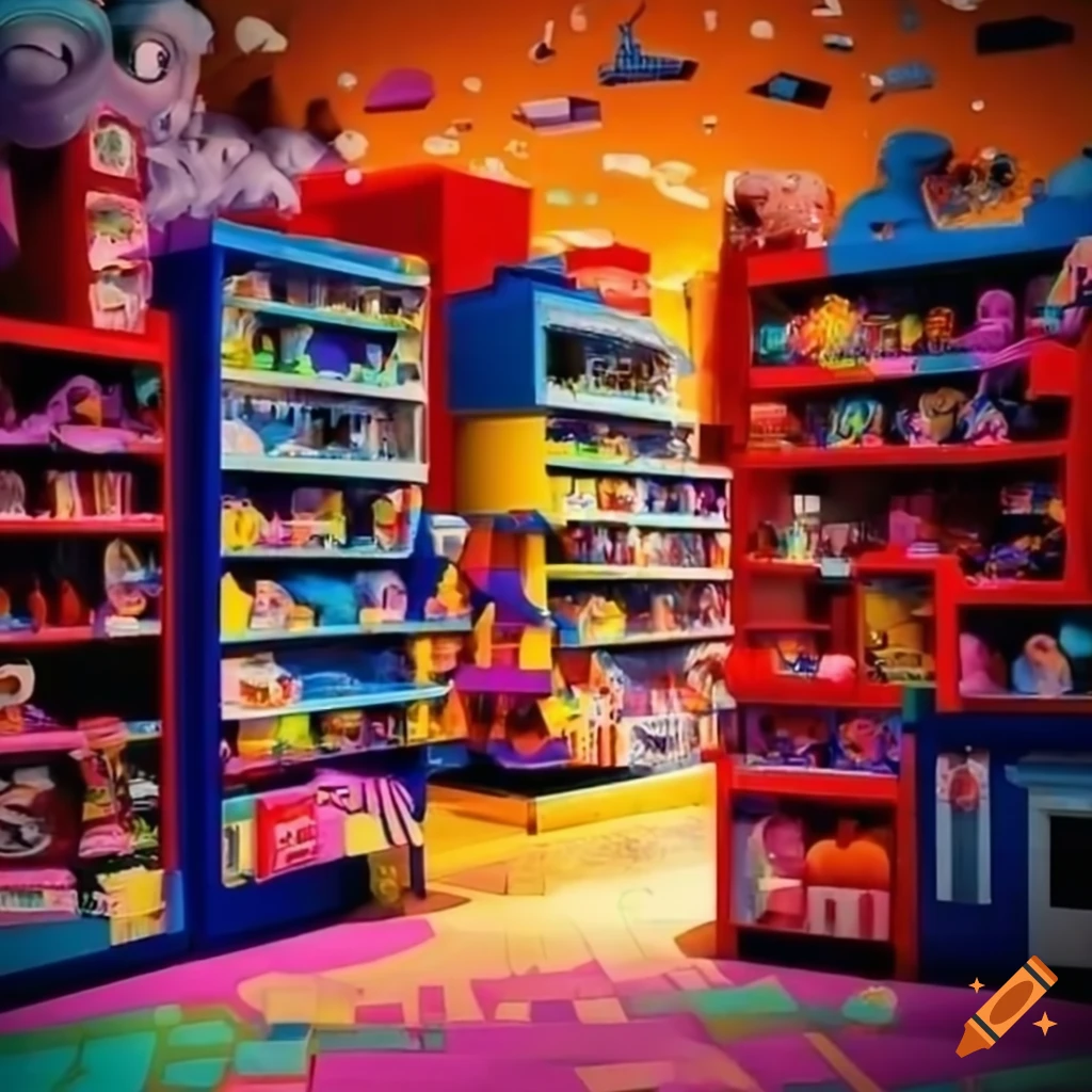 A colorful toy store in the middle of a gray metropolis