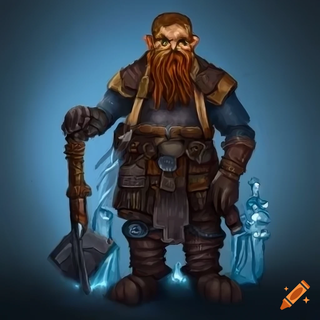 A digital fantasy artwork of a dwarf mechanic with icy tools on Craiyon