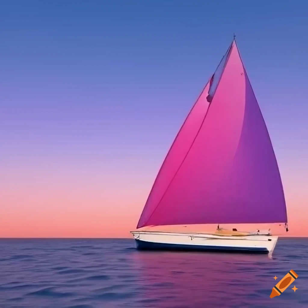 Sunrise ocean sailboat with pink and purple sails and cotton candy skies
