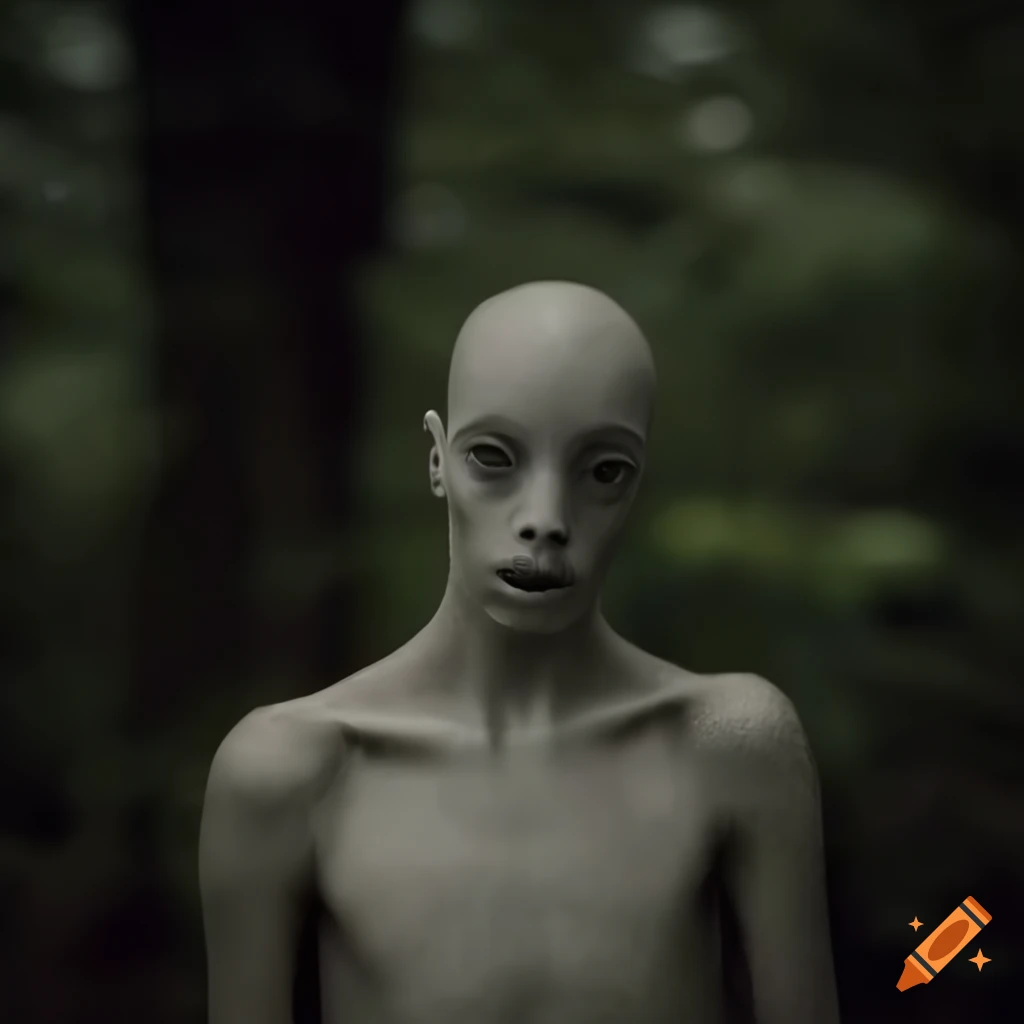A small humanoid creature staring at the camera in a forest