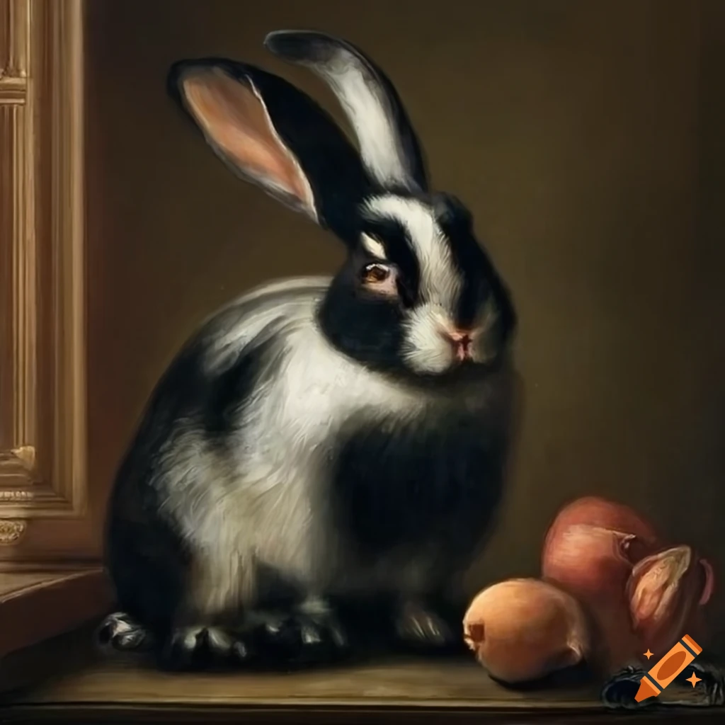 Baroque painting of a black and white rabbit