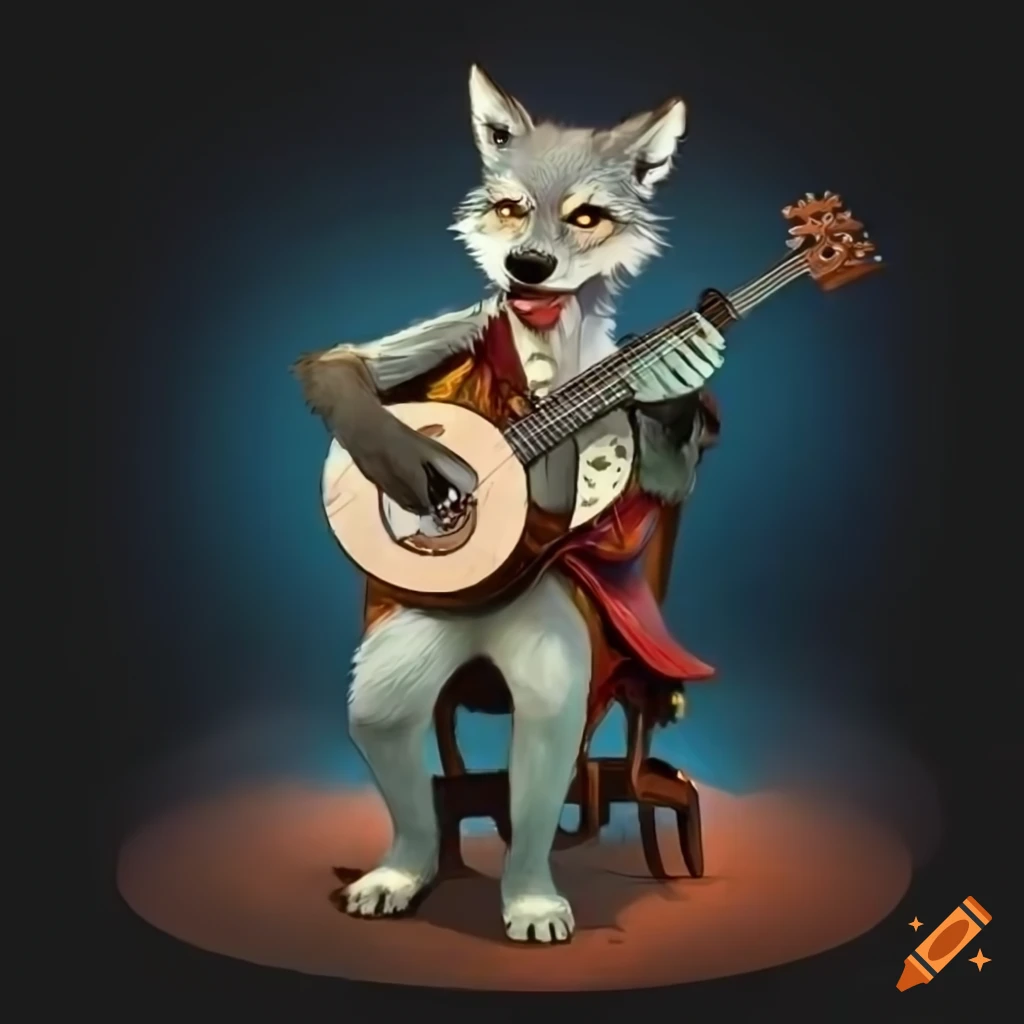 Anthropomorphic wolf playing a banjo, sitting on a stool on Craiyon