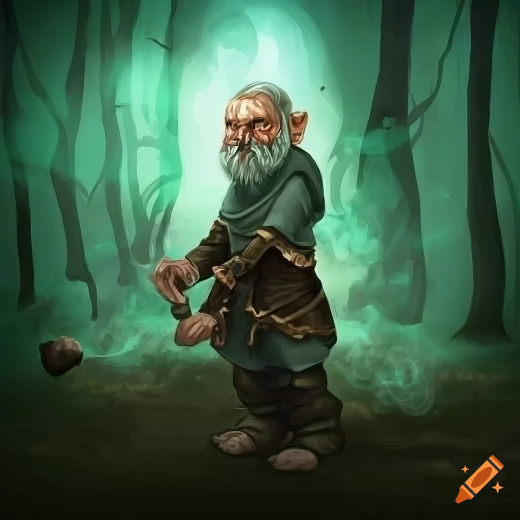 A middle aged gnome sorcerer in a forest surrounded by smoke digital ...