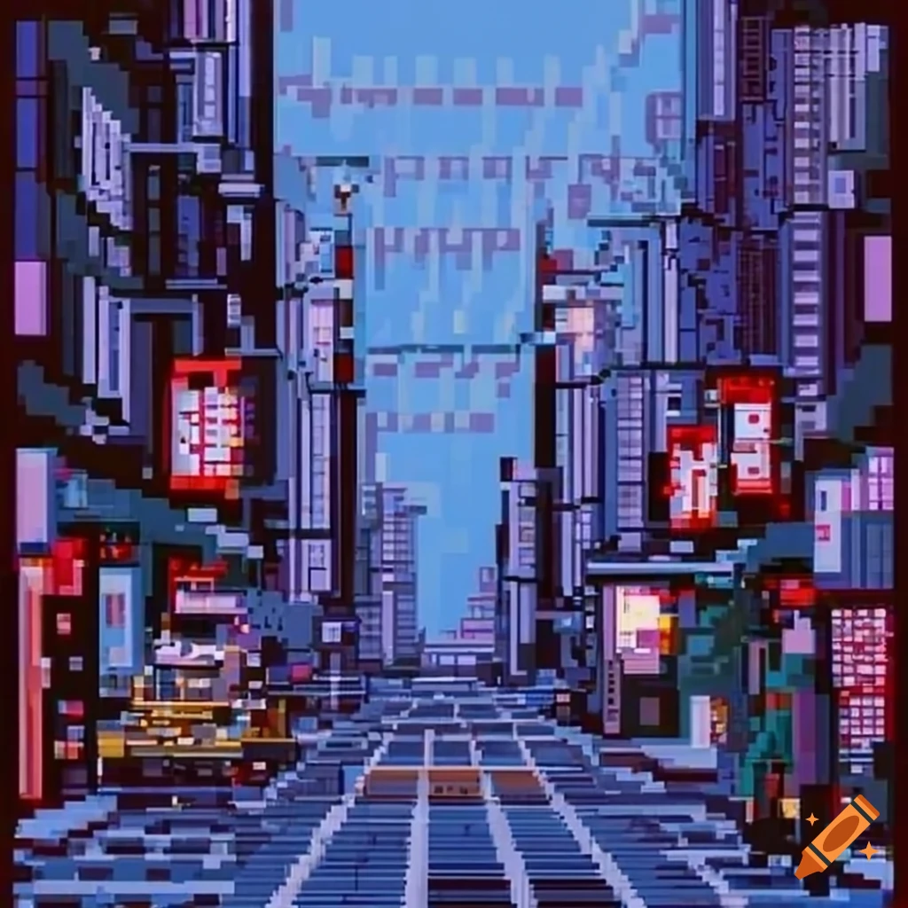 Vintage pixel art of a japanese city, amiga, 1980s