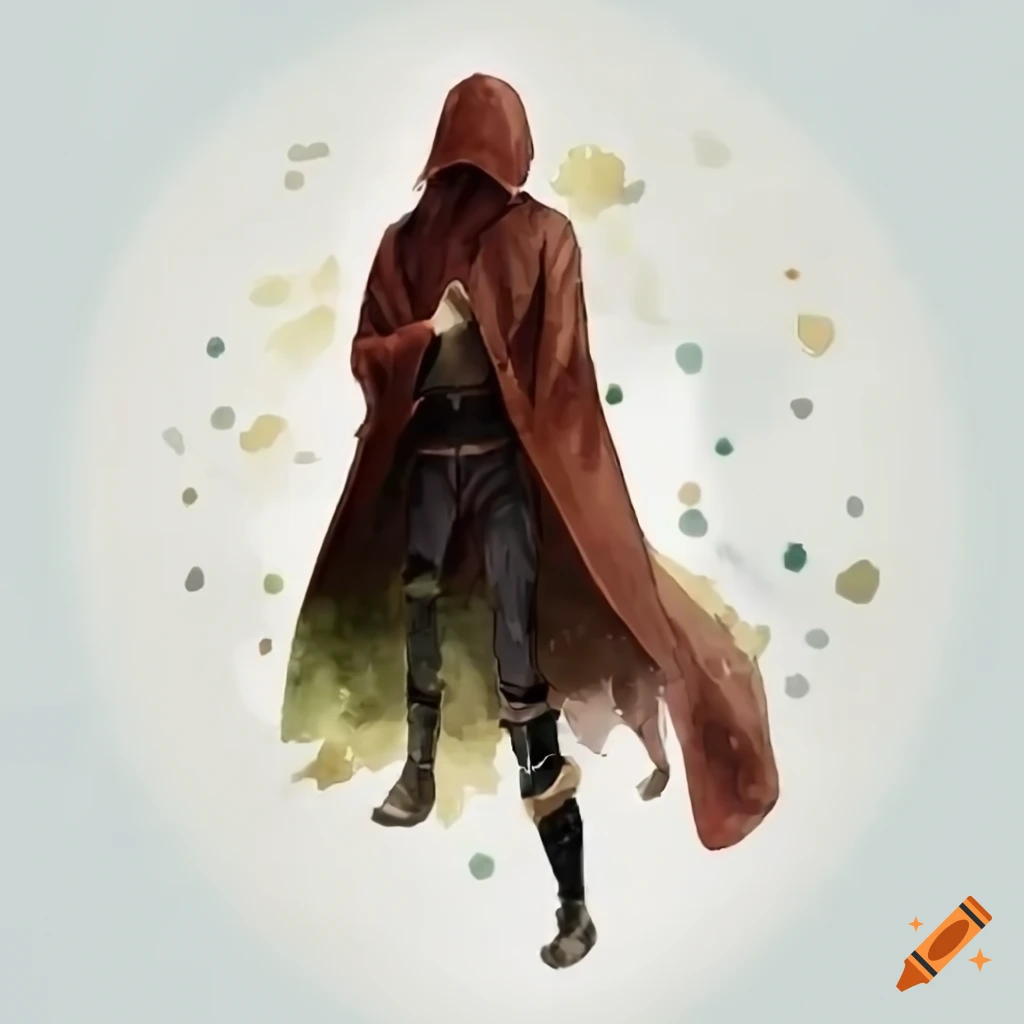 Anime character with brown cloak standing on top of mountain