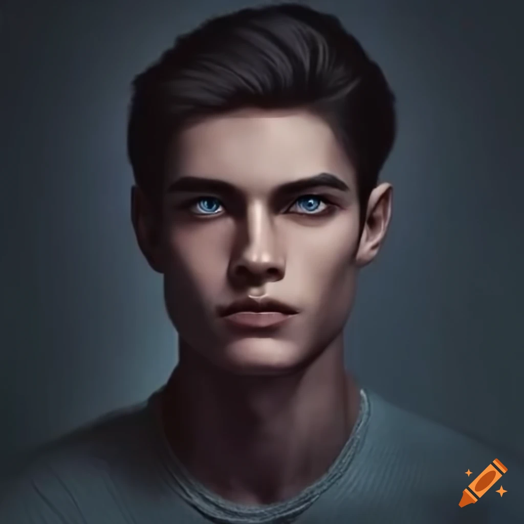 Grown handsome guy, with dark hair and blue eyes, sharp cheekbones