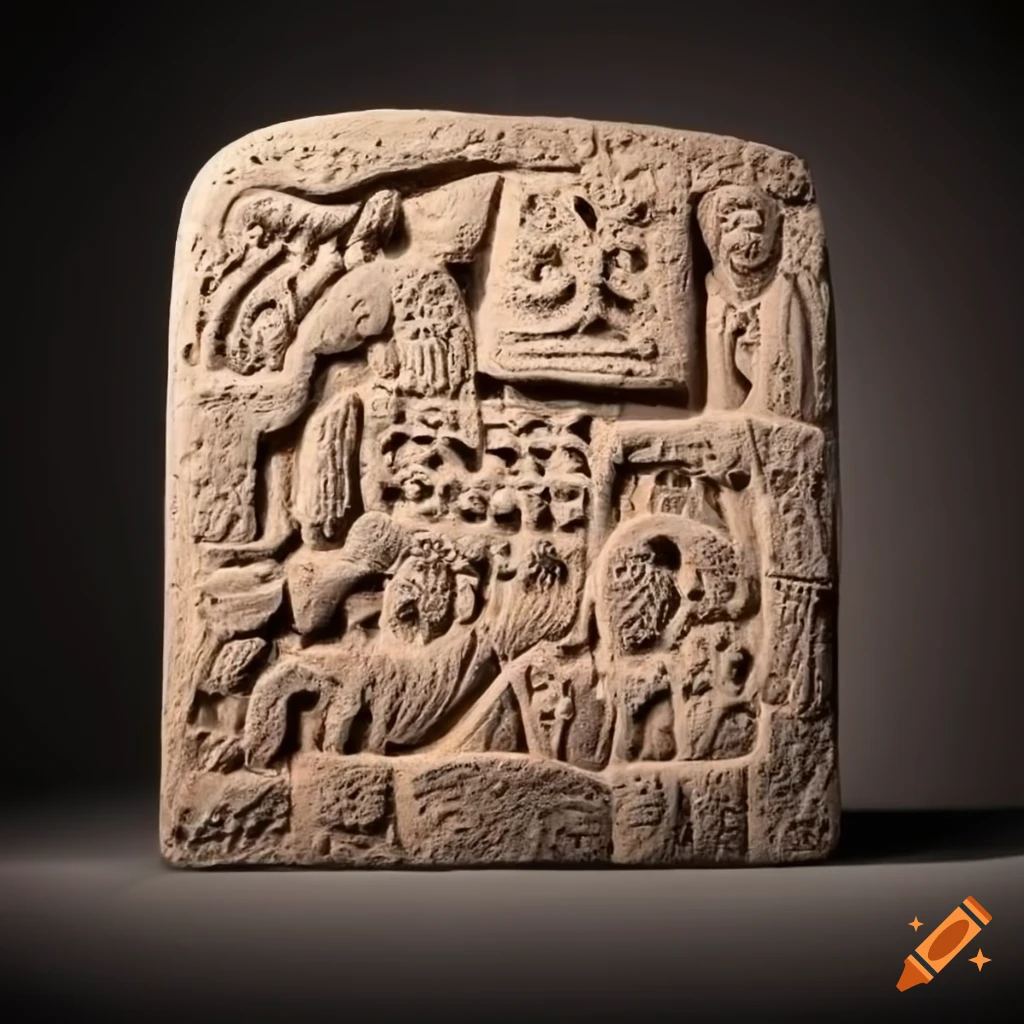 Cuniform writing carved in a stone tablet on Craiyon