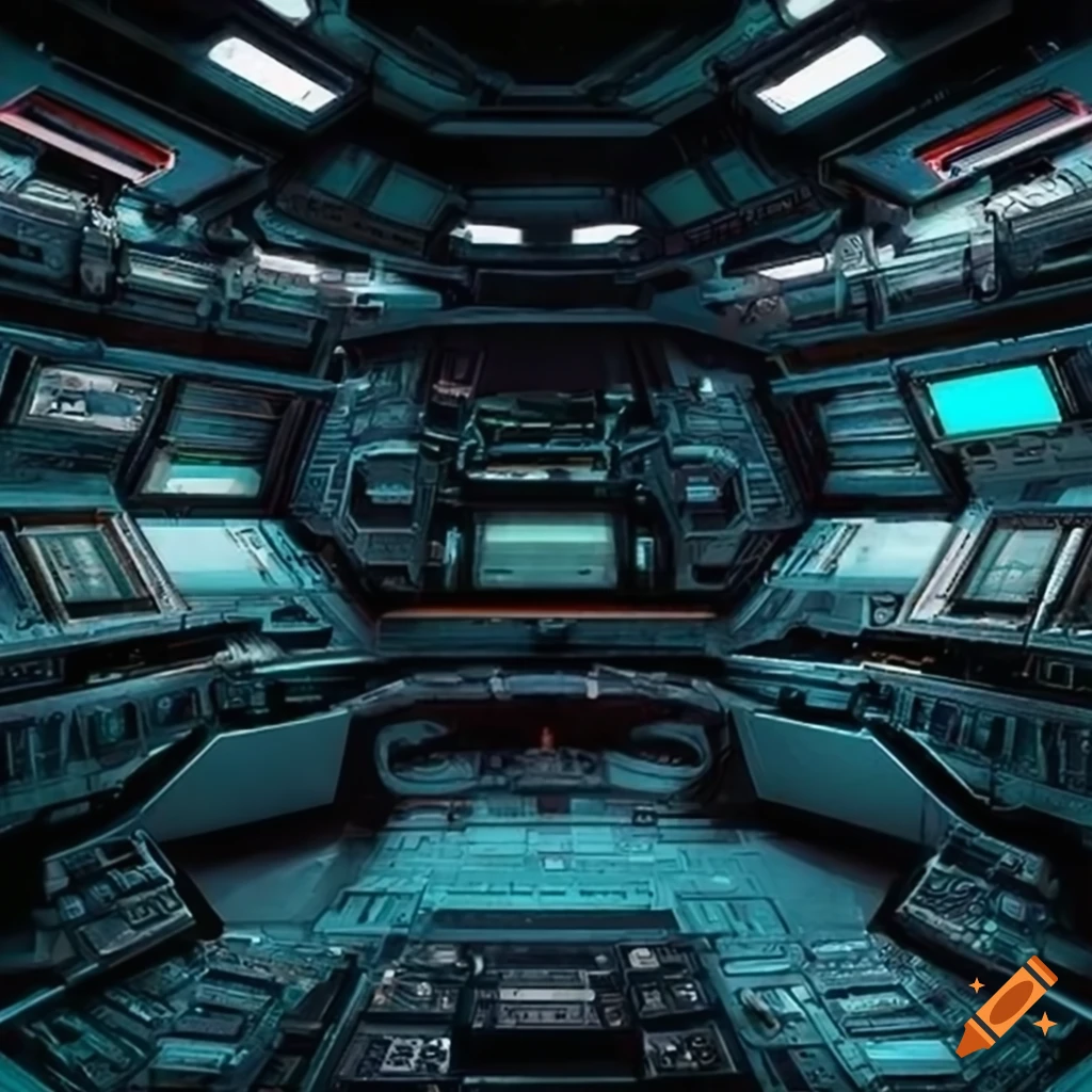 Digital art of a space ship's command room with vintage vibe