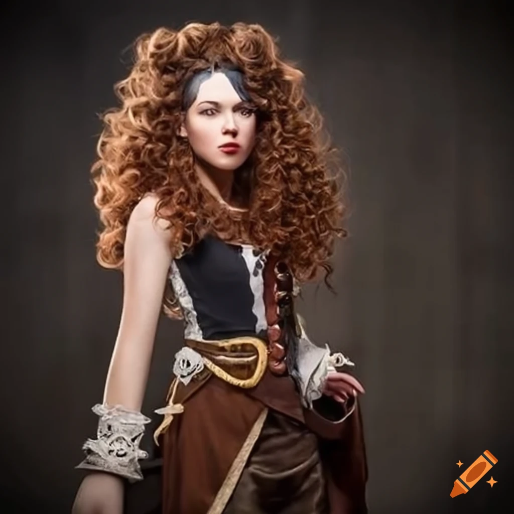 Brown curly haired pirate female captain on Craiyon