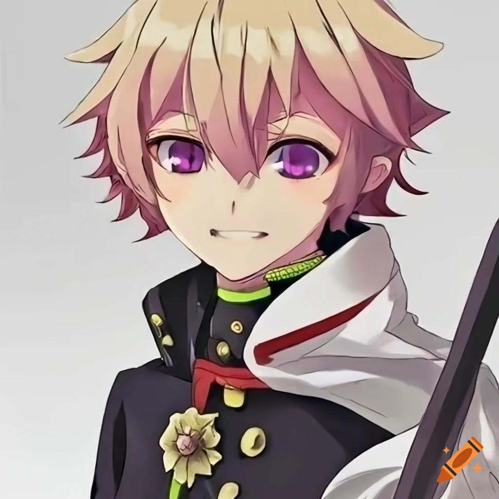 Owari no Seraph detailed style boy with blond short hairs and purple ...