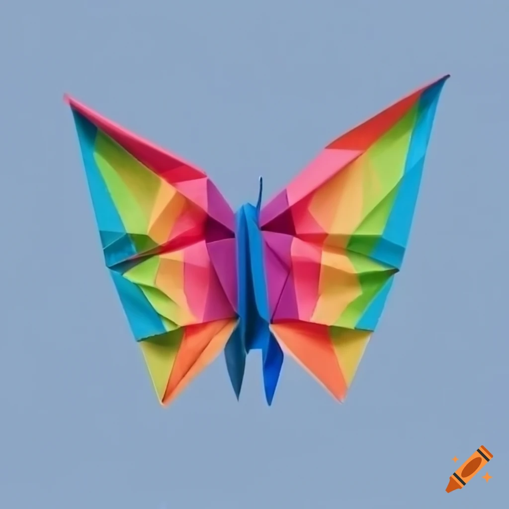 Origami butterfly against blue background with rainbow far away on Craiyon