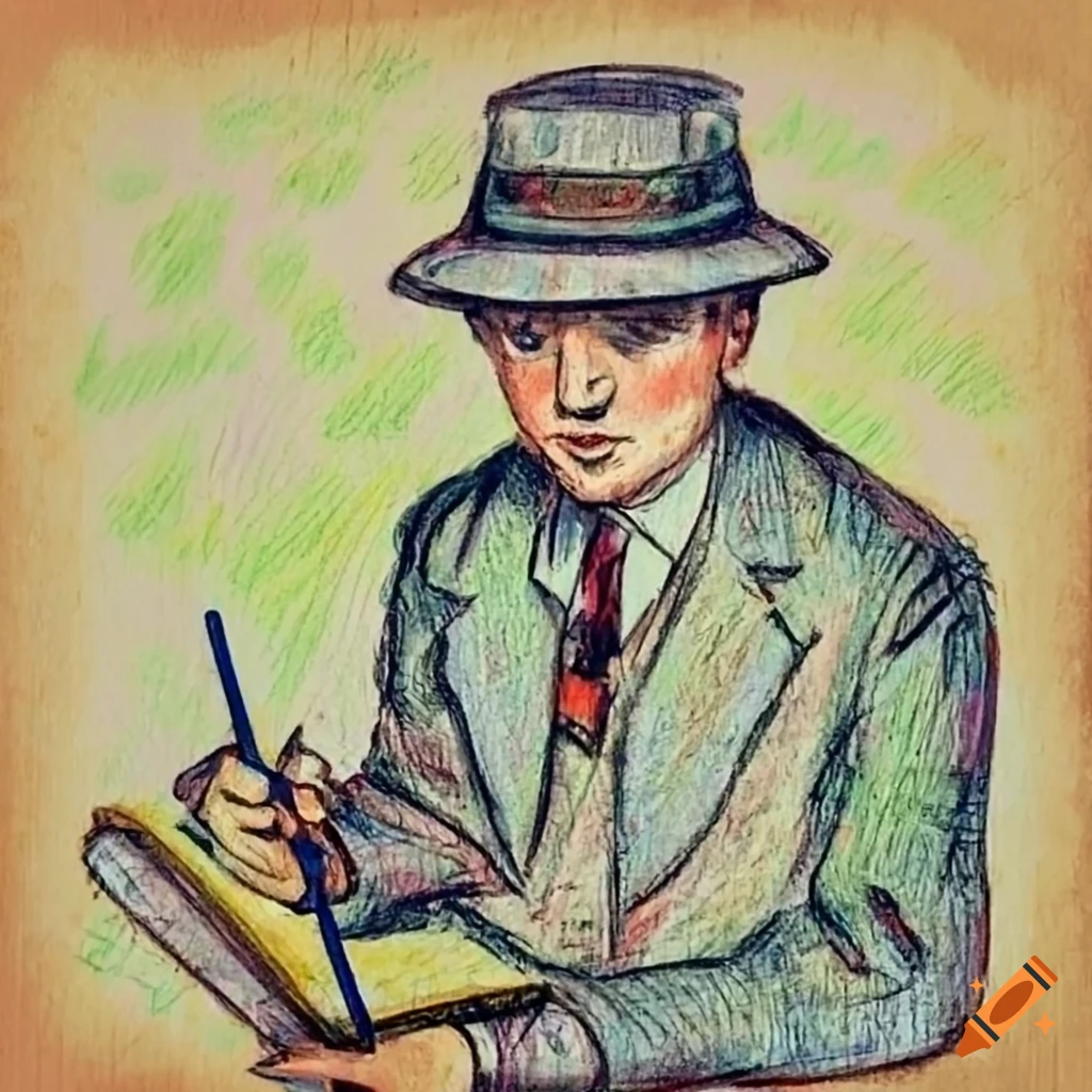 1920s pencil sketch of a male journalist with notepad and pencil with ...