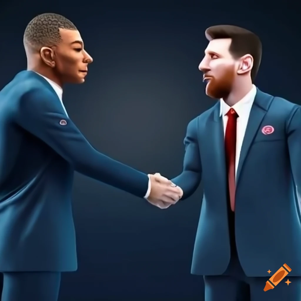 3d render of mbappé and lionel messi shaking hands in business suits on ...