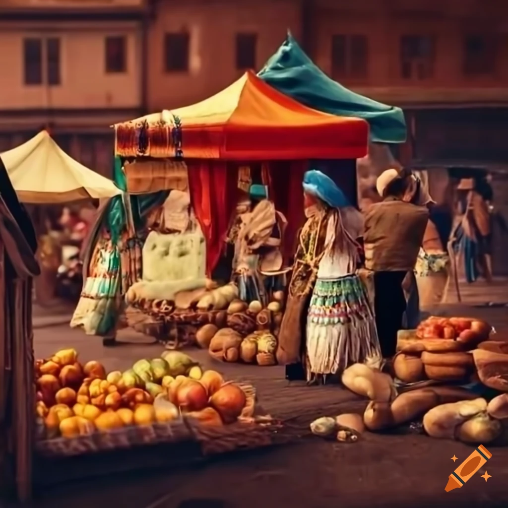 An open-air market where villagers gather to trade and barter. Colorful ...