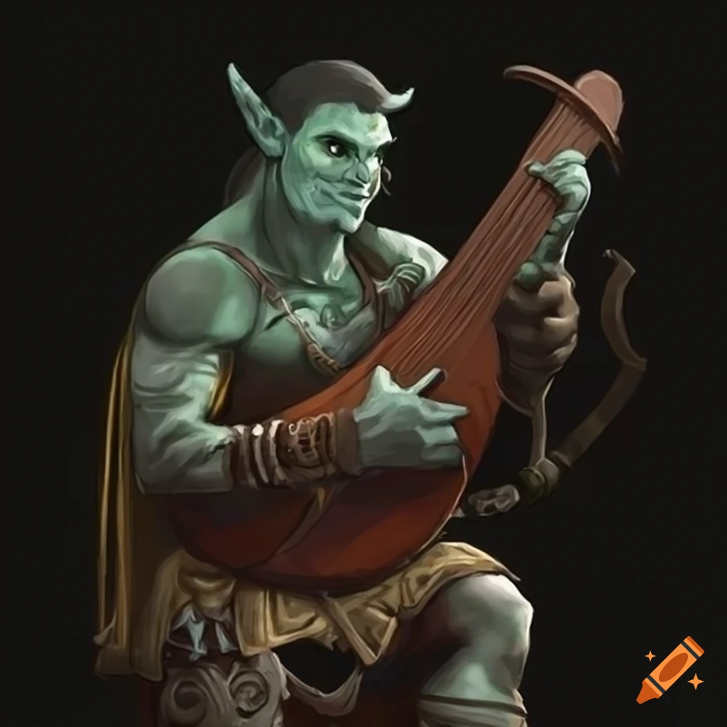 Male half-orc farmer with blueish skin and playing a lute on Craiyon