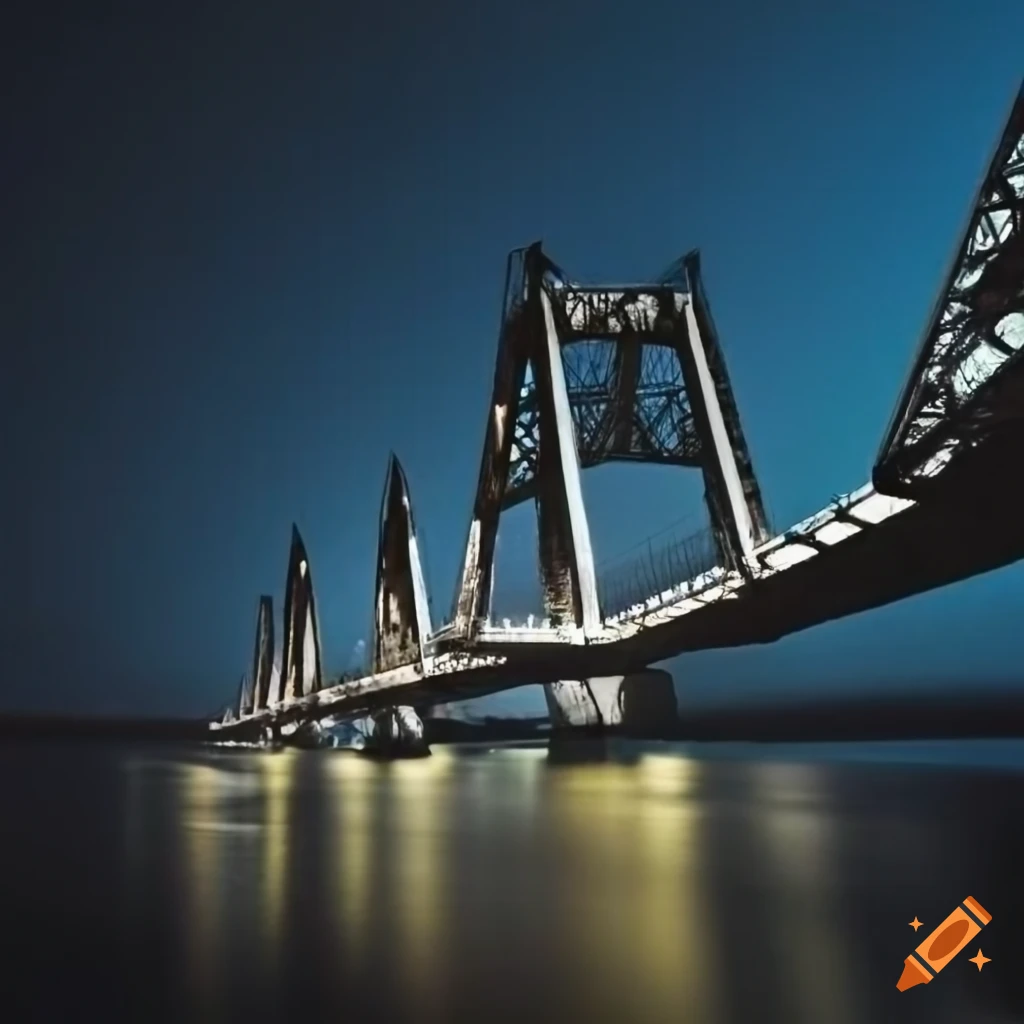 Girder bridge at night, liminal, dark water on Craiyon