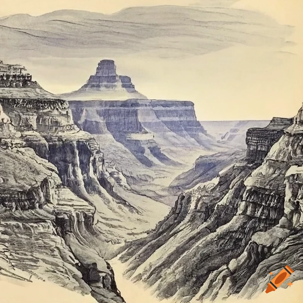 Old 1800s black ink pencil drawing of the grand canyon