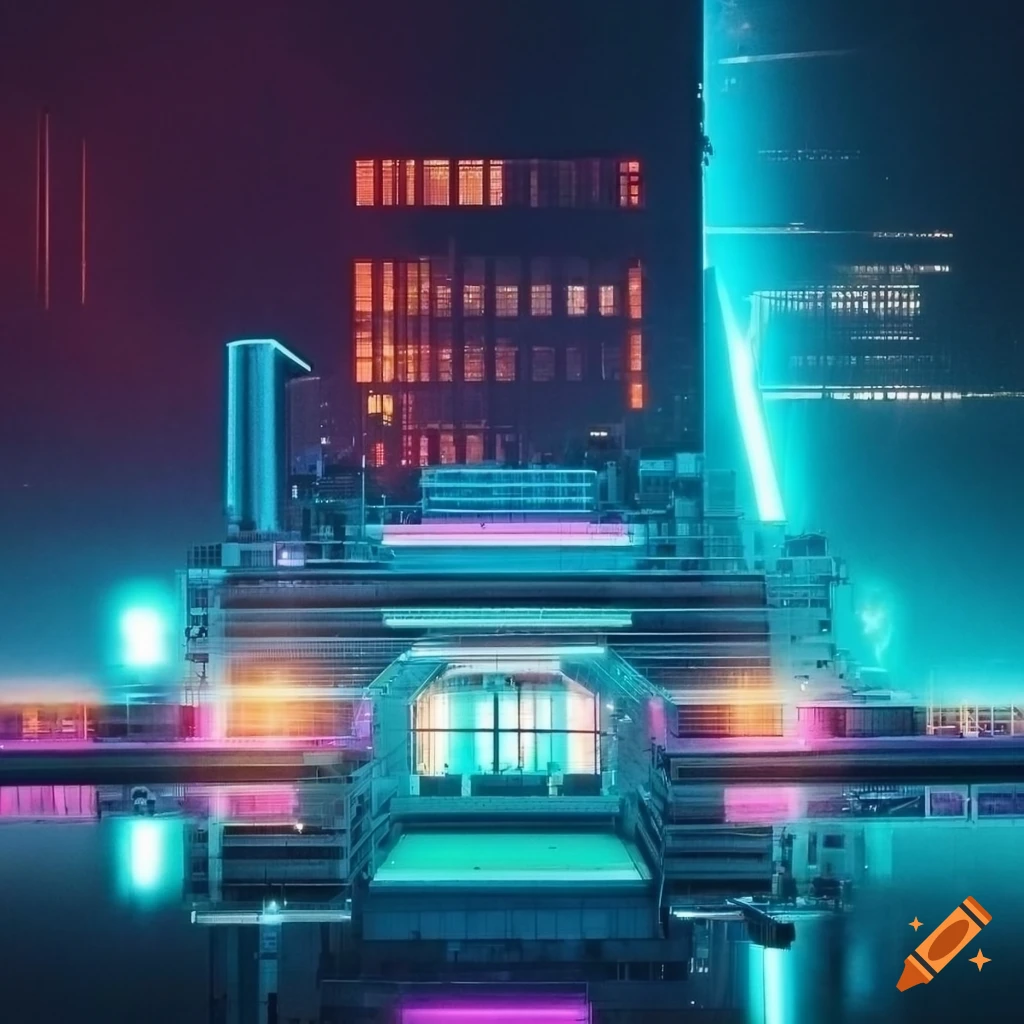 A Neo-futurism-styled harbor warehouse district. In a nightly retrofuturistic Decopunk ...