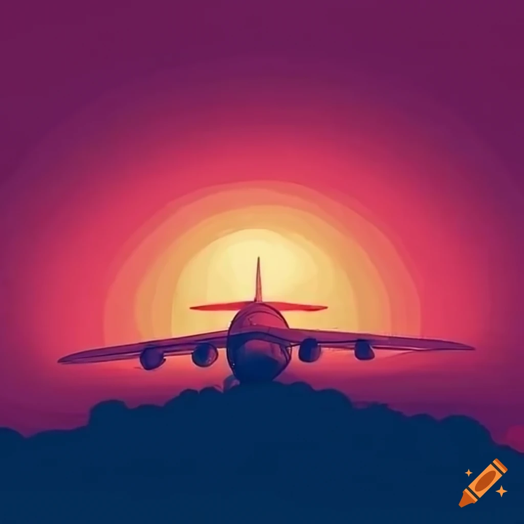 Airplane flying into a beautiful sunset sky