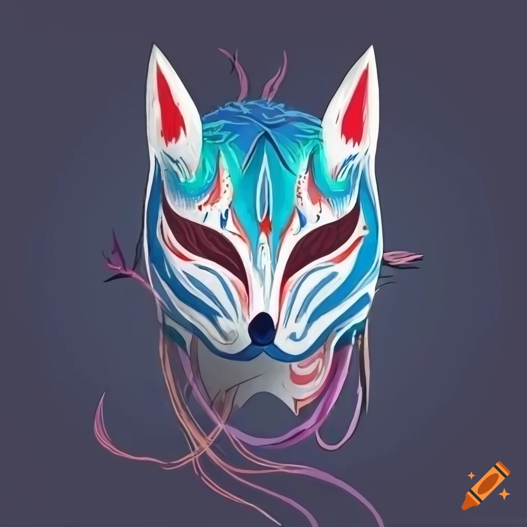 A kitsune mask in blue and white design against dark background