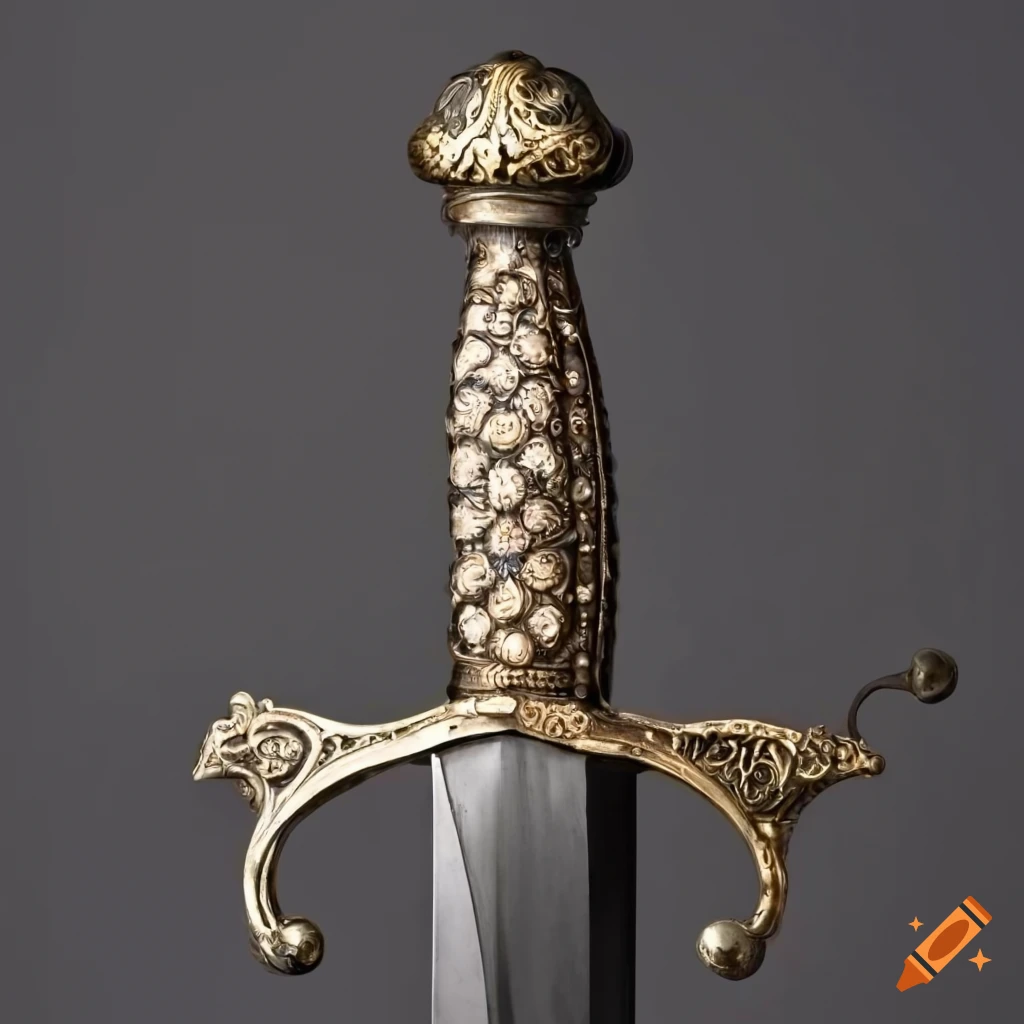 A large and ornate broadsword with jewel-incrusted hilt on Craiyon