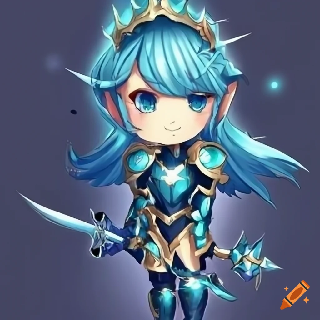 Pixie, blue armor, crown, spear, anime, chibi