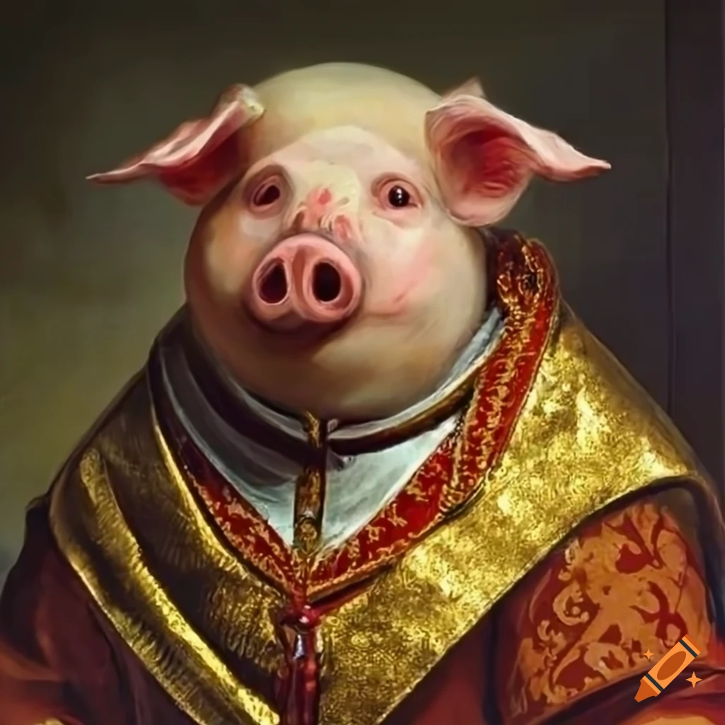 Pig dressed with a tunic, gold halo, renaissance painting, ultra ...