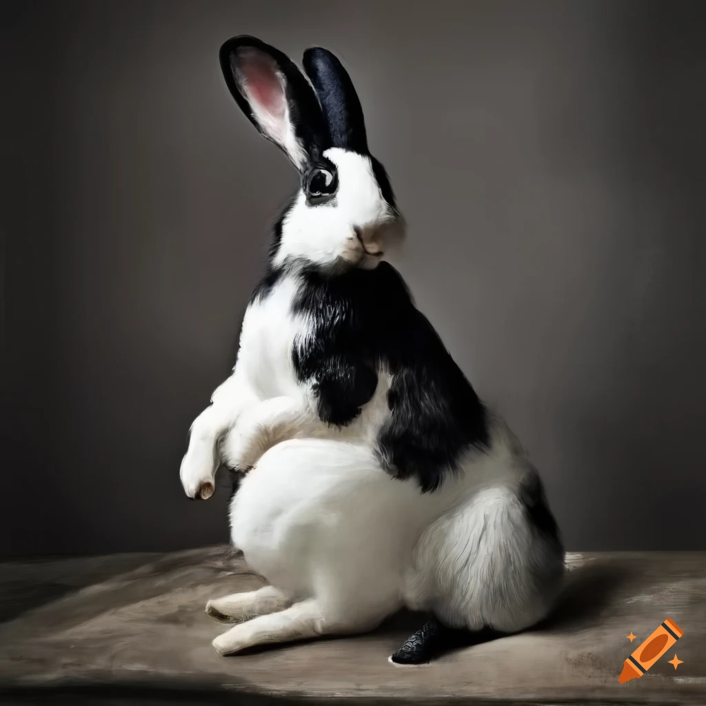 Baroque painting of a black and white rabbit